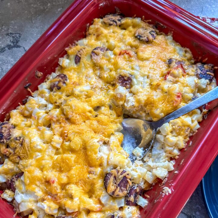 Cheesy Kielbasa Hash Brown Casserole - Laughing Rooster Eats