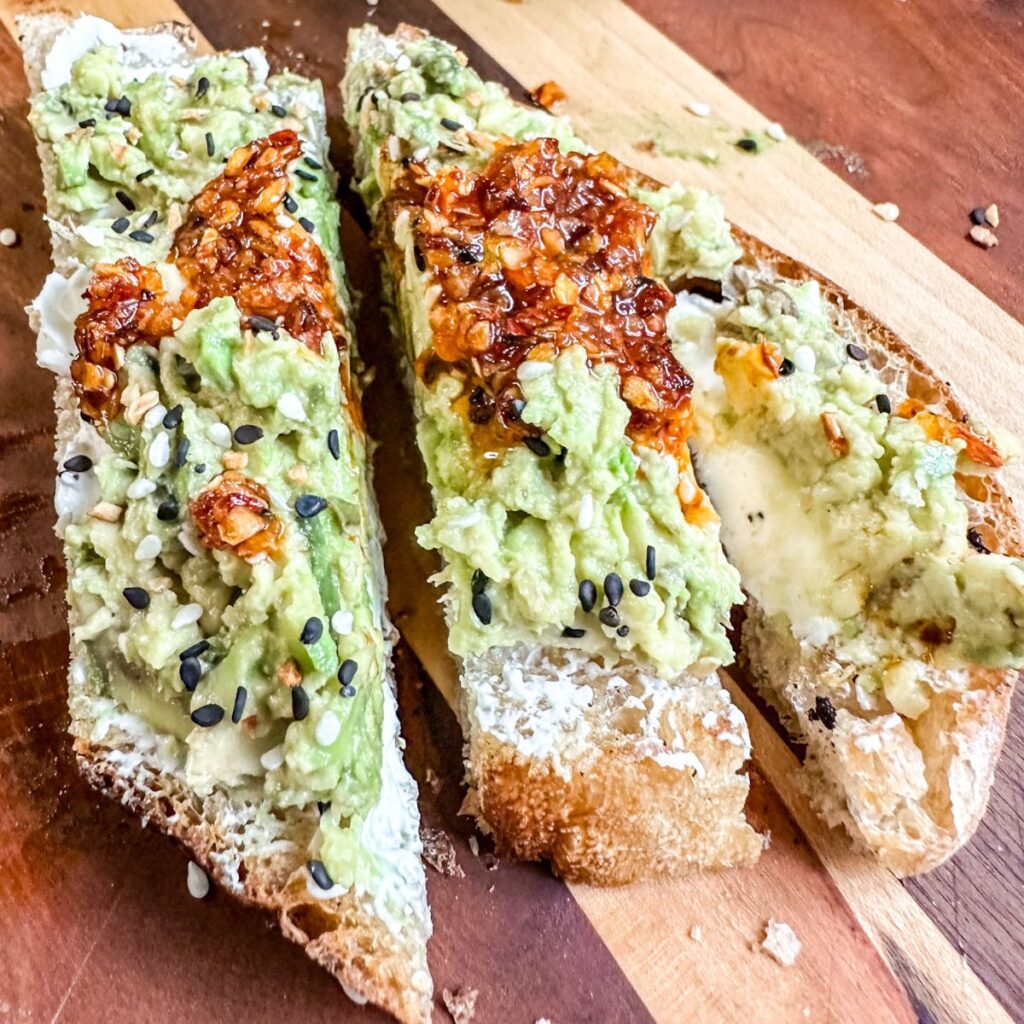Avocado Cream Cheese Toast with Chili Onion Crunch